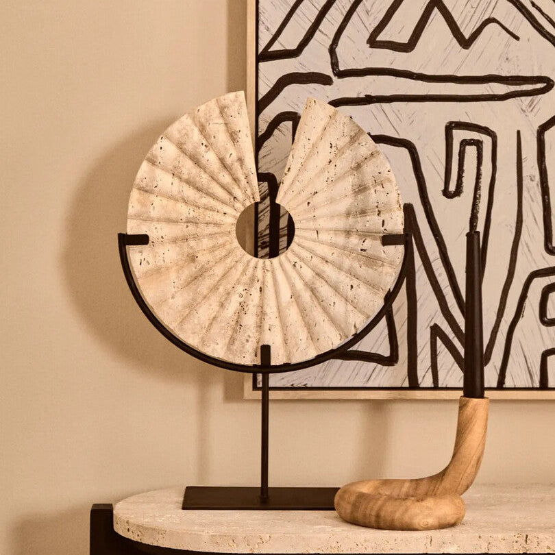 Tibor Travertine Disc Sculpture With Black Metal Base Premier ...