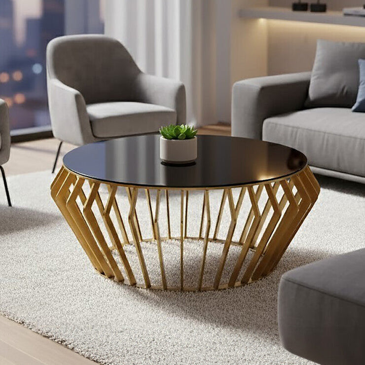 Shop Ackley Gold Round Coffee Table with Black Glass from Orsina